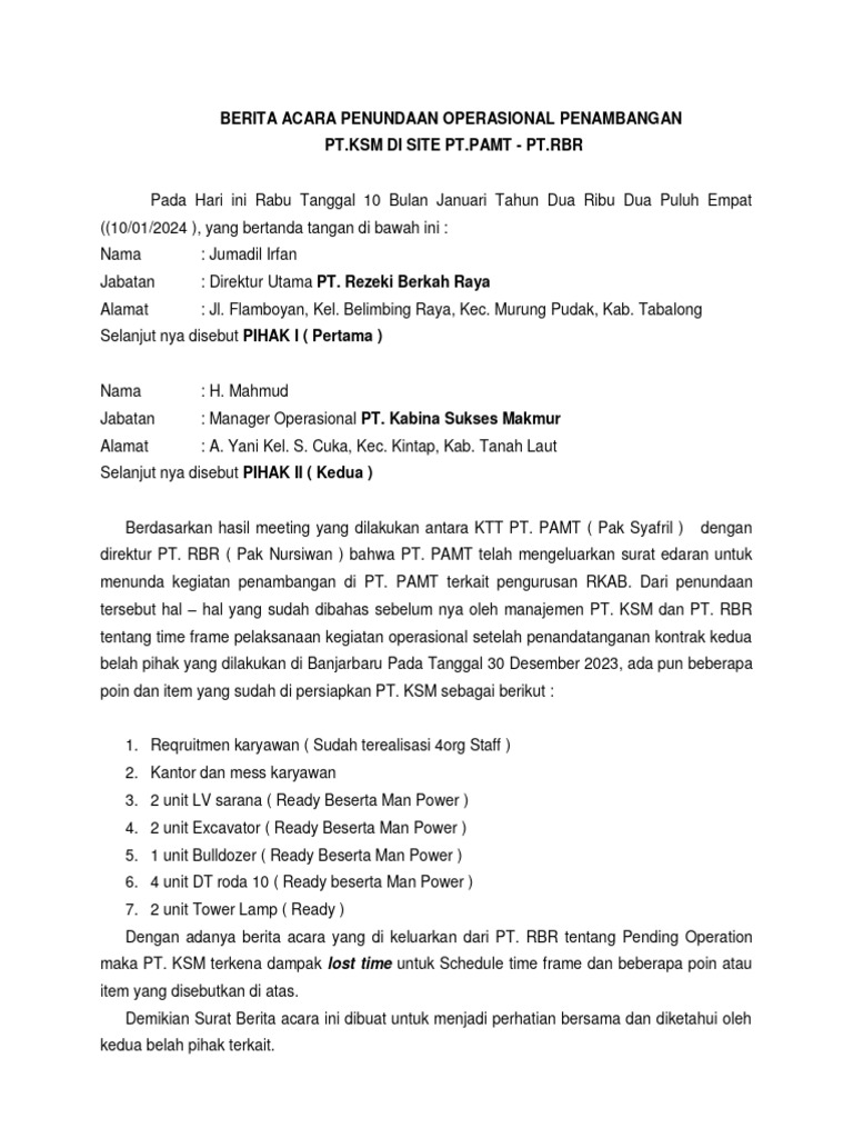 Berita Acara Penundaan Rencana Operasional Site Pamt-Rbr | PDF