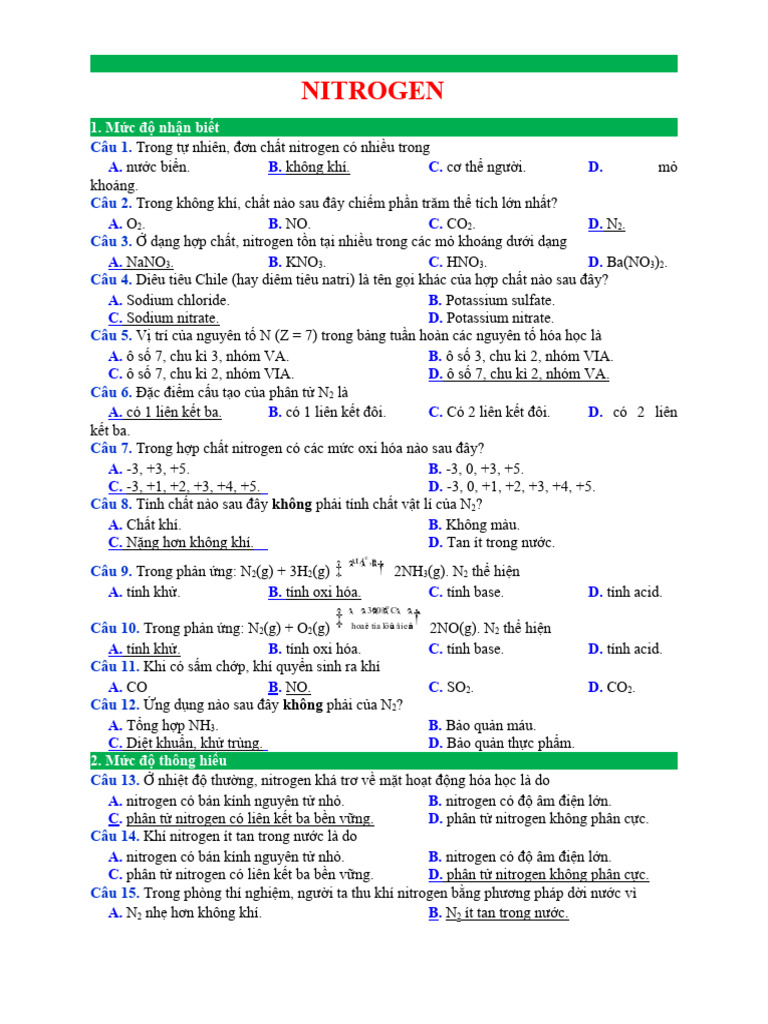 Dap An Trac Nghiem Chuong 2-Hoa 11 | PDF