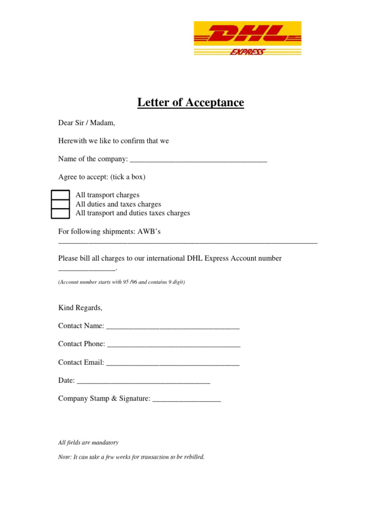 Letter of Acceptance: (Account Number Starts With 95 /96 and Contains 9 ...