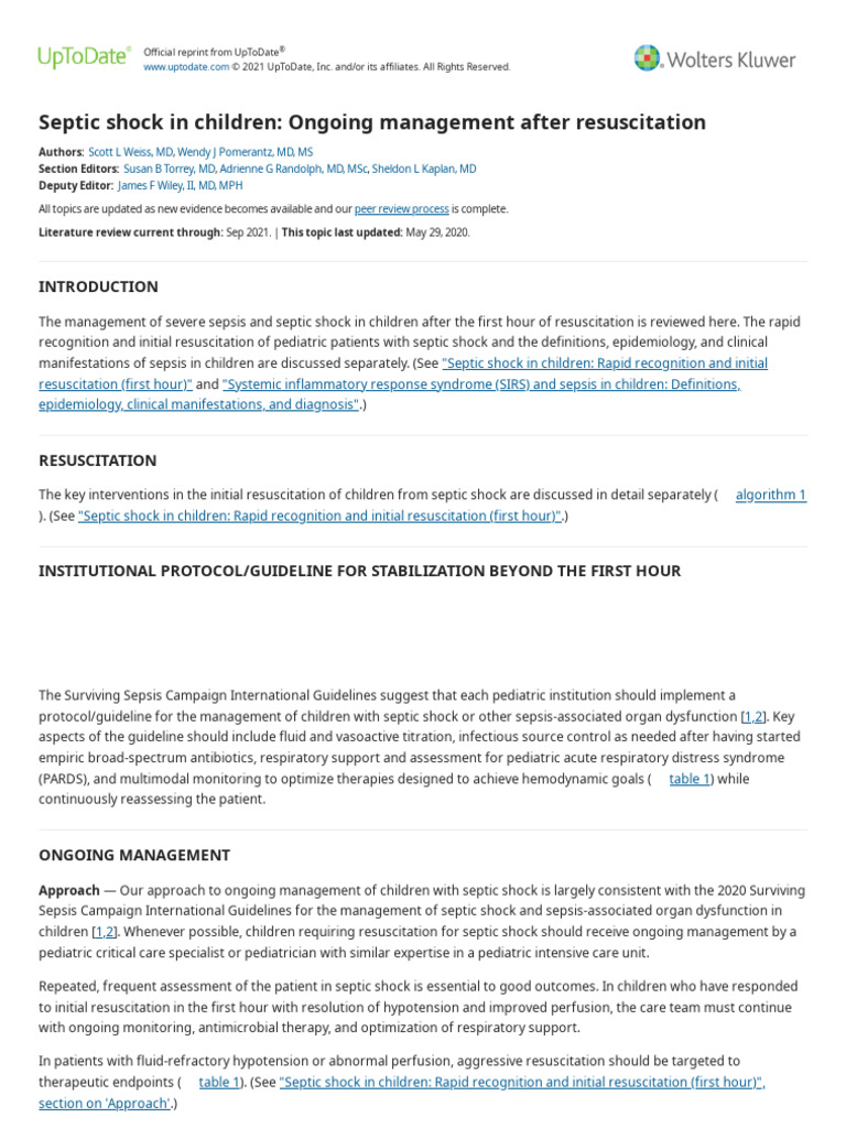 Septic shock in children_ Ongoing management after resuscitation ...