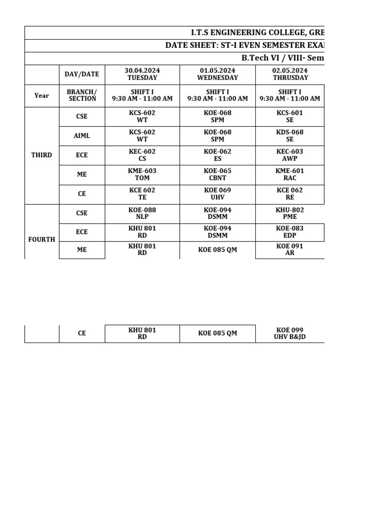 ST-I DATE SHEET EVEN SEM 2023-24 | PDF ST-I DATE SHEET EVEN SEM 2023-24 | PDF
