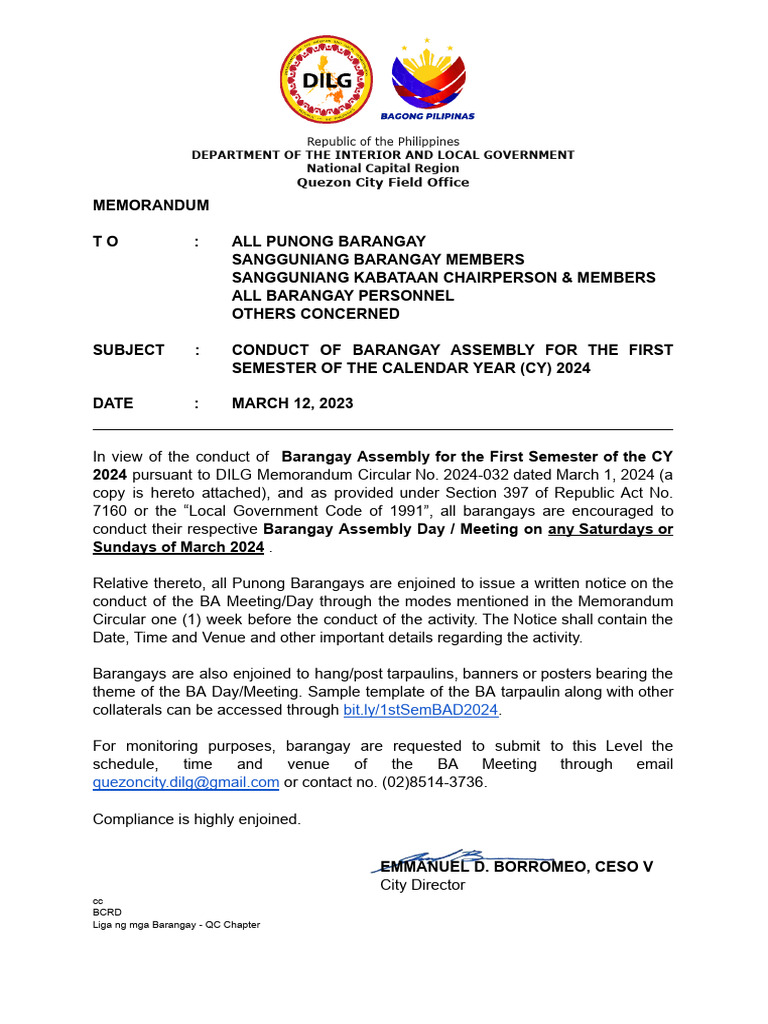 MEMORANDUM RE 1st Sem 2024 BARANGAY ASSEMBLY | PDF | Finance & Money Management | Social Science