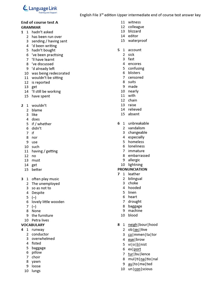 Upper Intermediate End of Course Answer Key | PDF