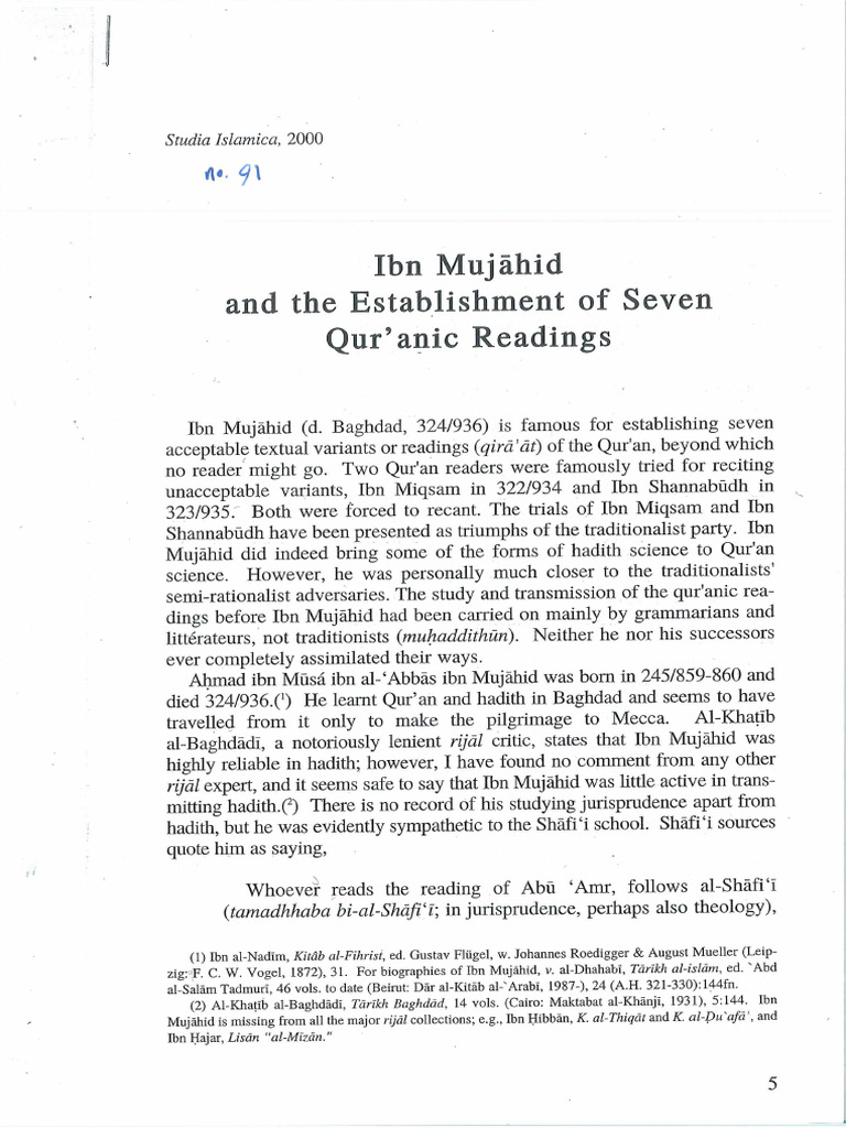 Melchert Studia Islamica - Ibn Mujahid - Seven Qur'Anic Readings 2000 SCAN | PDF