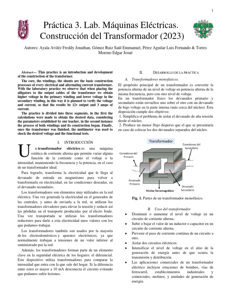Prac. 3. Construcción Del Transformador | PDF | Transformador | Corriente eléctrica