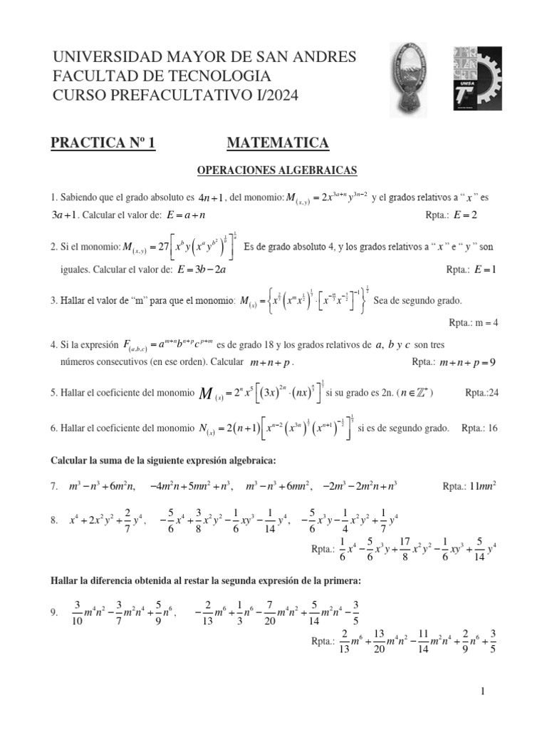 Practica 1 MATEMATICA PREFA I-2024 | PDF | Aritmética | Matemática Elemental
