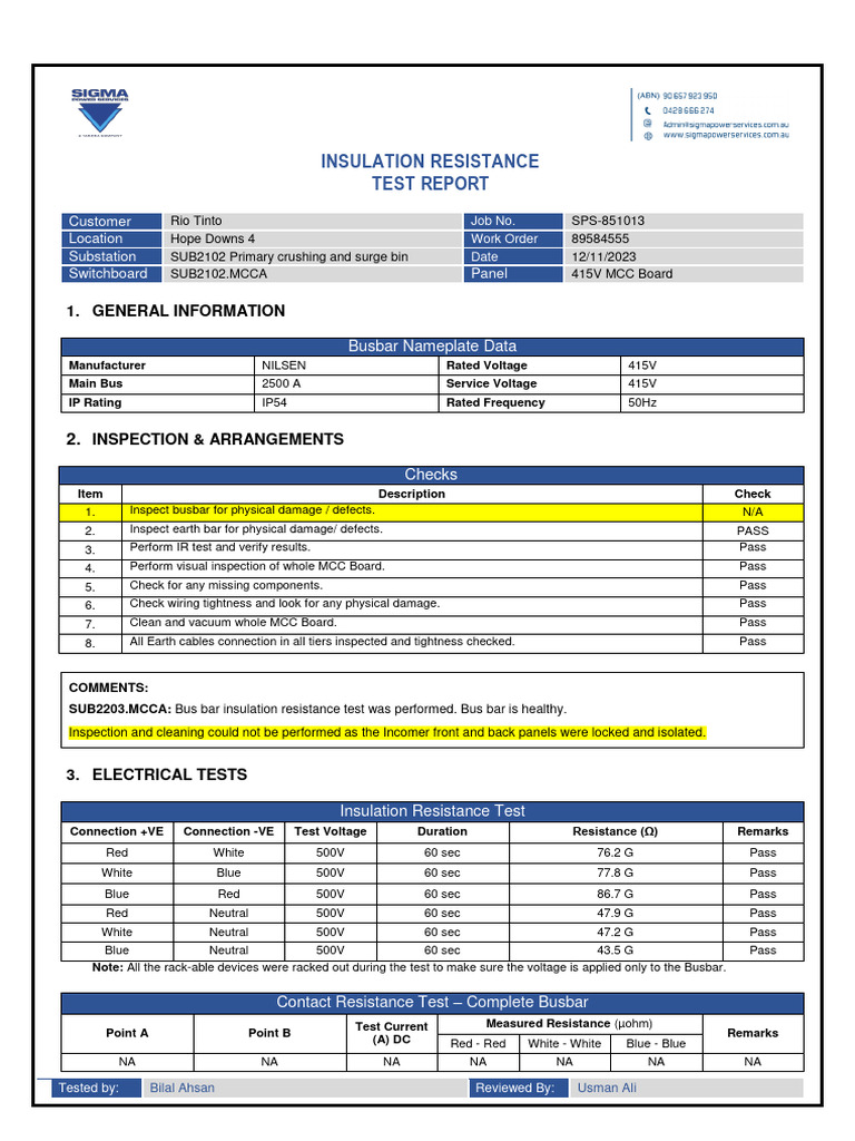 6.LV MCC BUS BAR IR Test Report | PDF | Insulator (Electricity ...