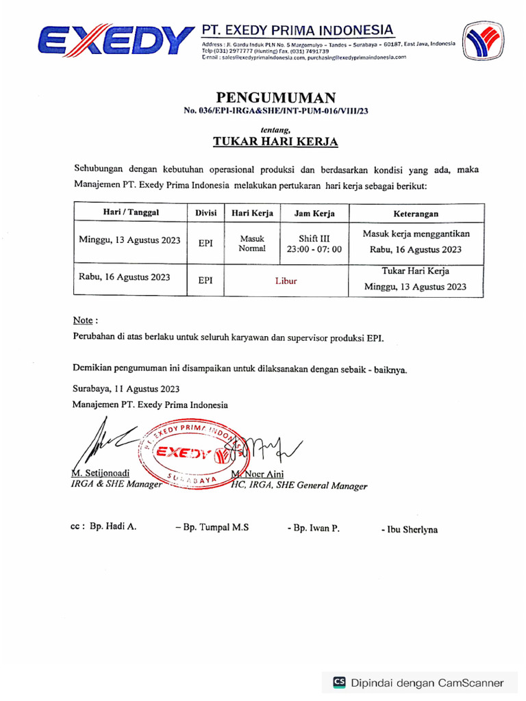 Pengumuman Tukar hari epi | PDF
