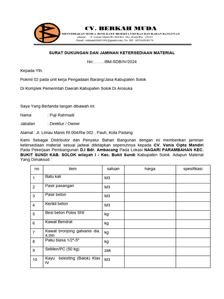 Dukungan Material D.I Ambacang | PDF