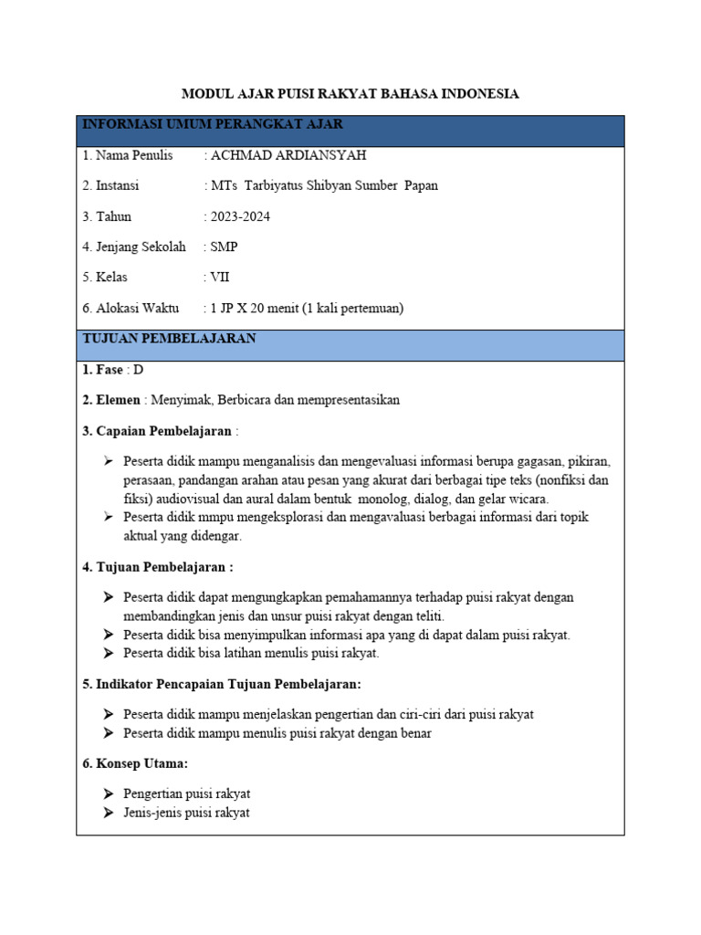 Modul Ajar Puisi Rakyat | PDF