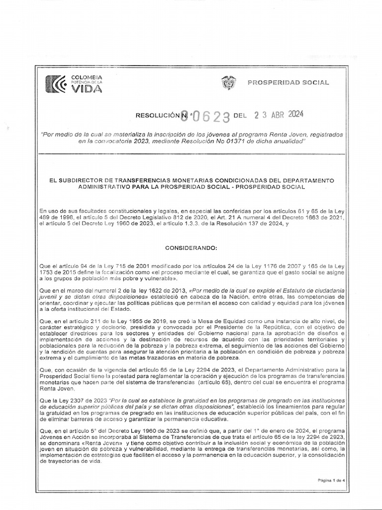 RESOLUCIÓN No. 00623 DE 2024 INSCRIPCIÓN Renta Joven Ciclo 1 20204 | PDF RESOLUCIÓN No. 00623 DE 2024 INSCRIPCIÓN Renta Joven Ciclo 1 20204 | PDF
