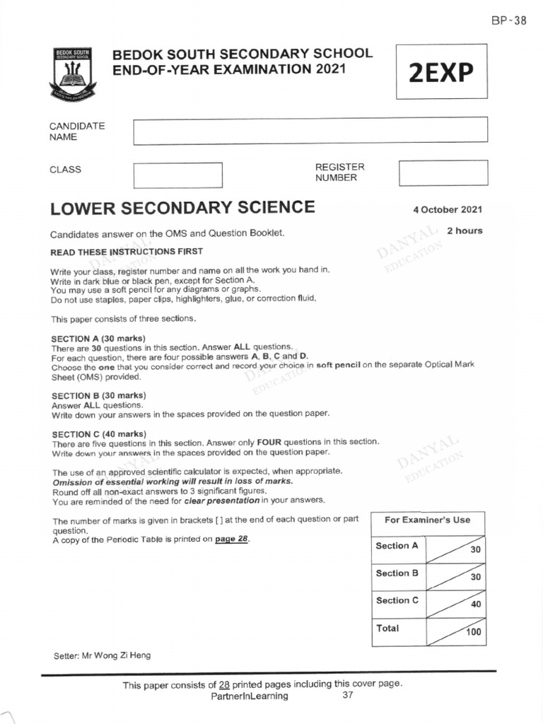 Bedok-Sourth-Sec2-2021-Science (MC) | PDF