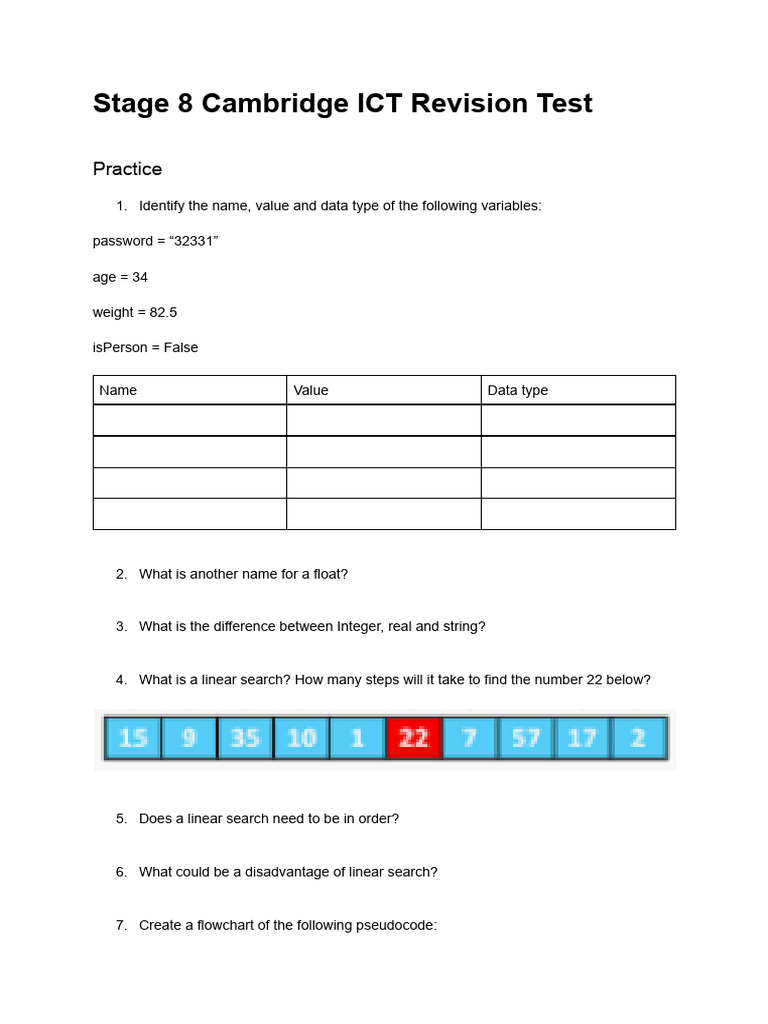 Stage 8 ICT Revision Test Questions | PDF | Data Type | Mathematical Logic