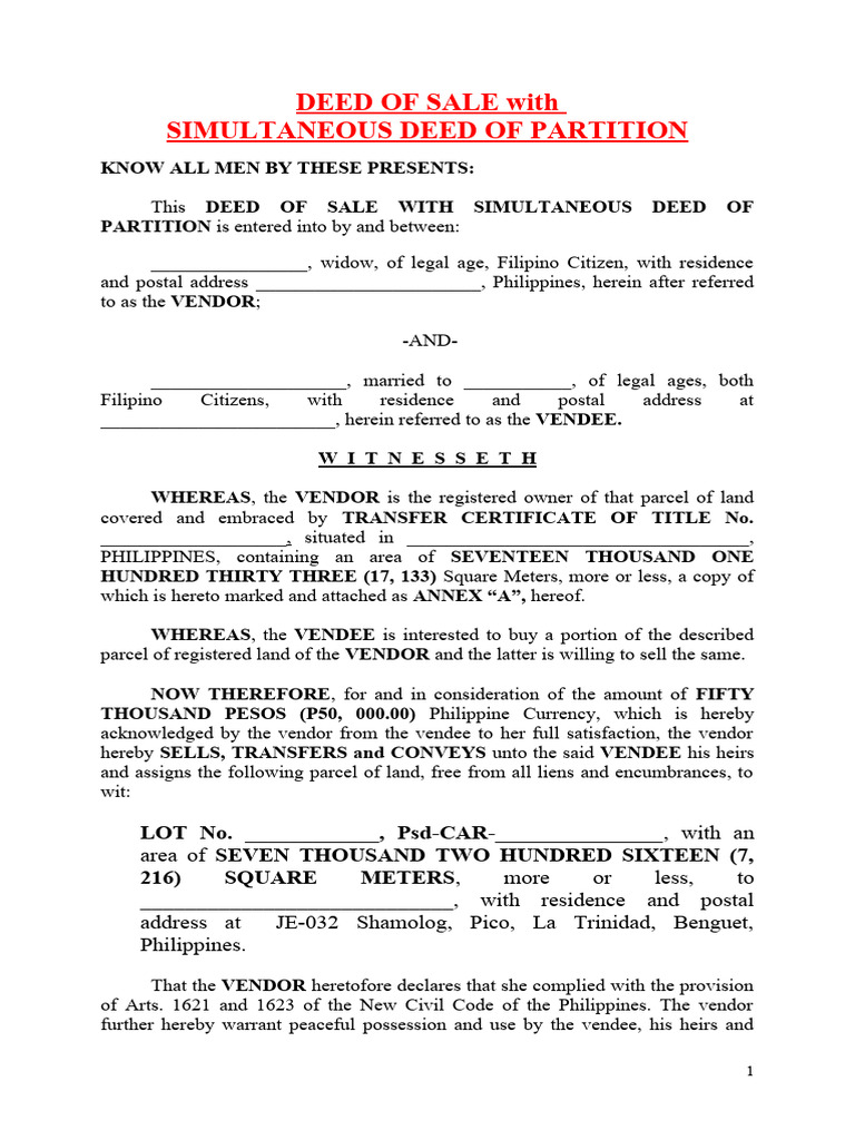 DEED of PArtition with sale_SAMPLE/OPEN | PDF | Deed | Civil Law ...