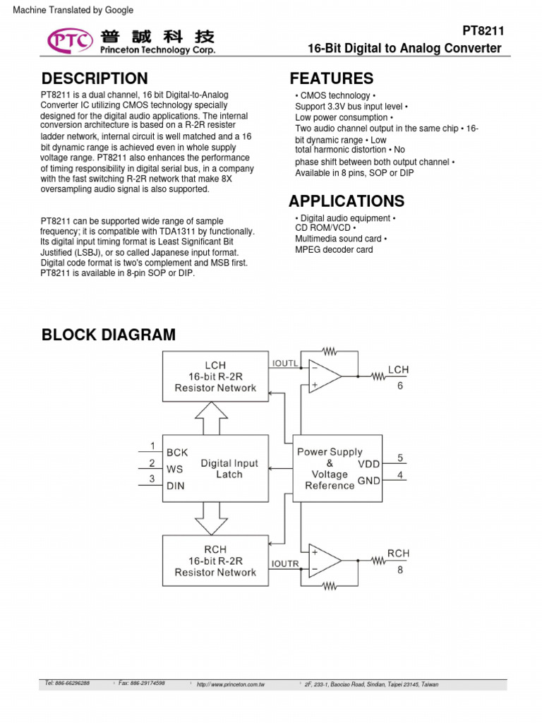 PTC-Princeton-Tech-PT8211-S - C92004 (EN) | PDF | Digital To Analog Converter | Electronics