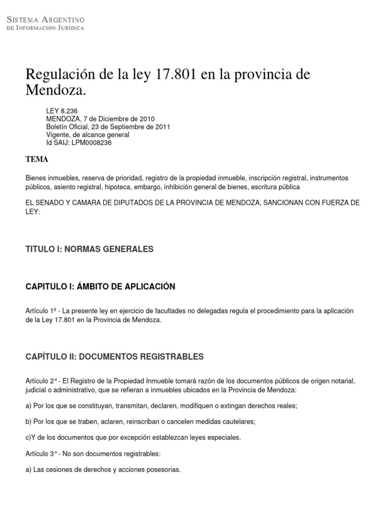 Regulación de La Ley 17.801 en La Provincia de Mendoza | PDF ...