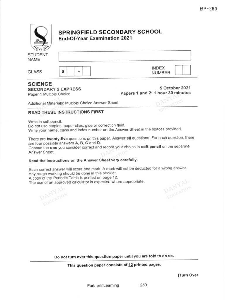 Springfield Secondary Sec2 Sci 2021 | PDF