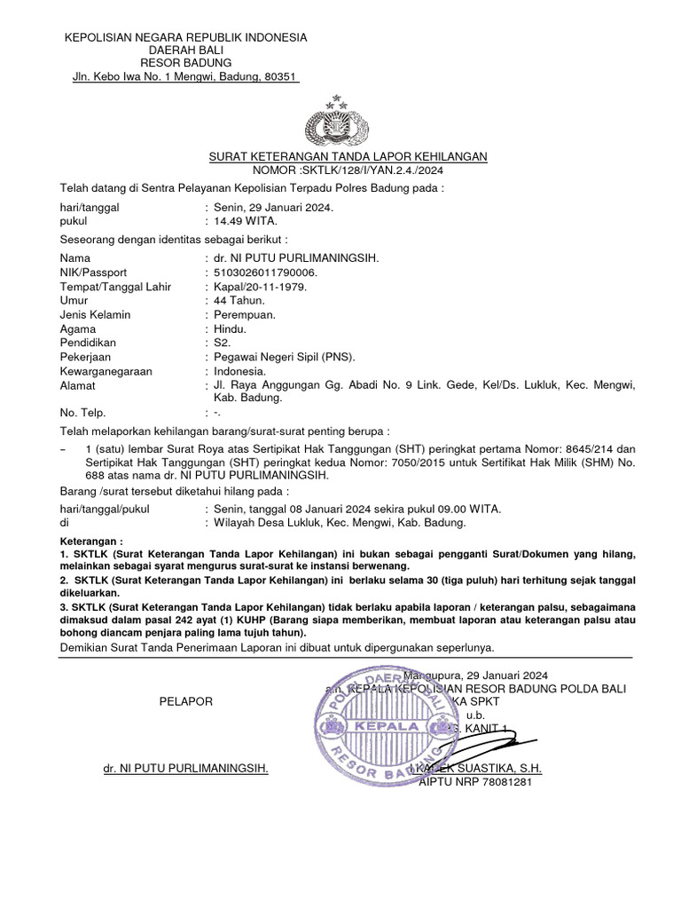 Laporan Kehilangan Surat Penting di Badung | PDF