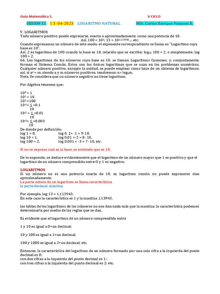 SESION 11-Logaritmo Natural | Descargar gratis PDF | Logaritmo | Exponenciación