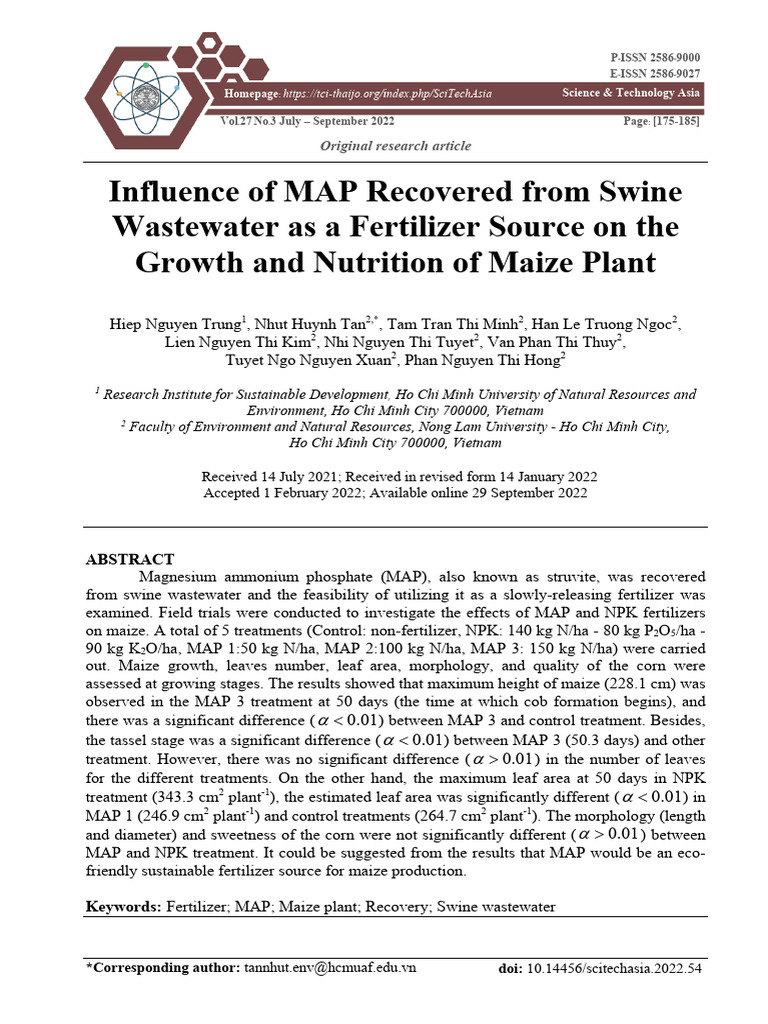 MAP Fertilizer from Swine Wastewater for Maize Growth | PDF ...