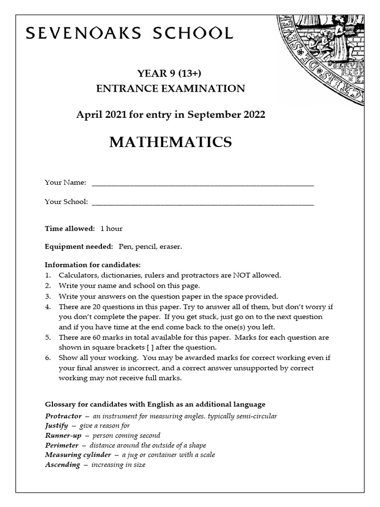 Sevenoaks MATHS-Y9-Entrance-2021 | PDF | Mathematics