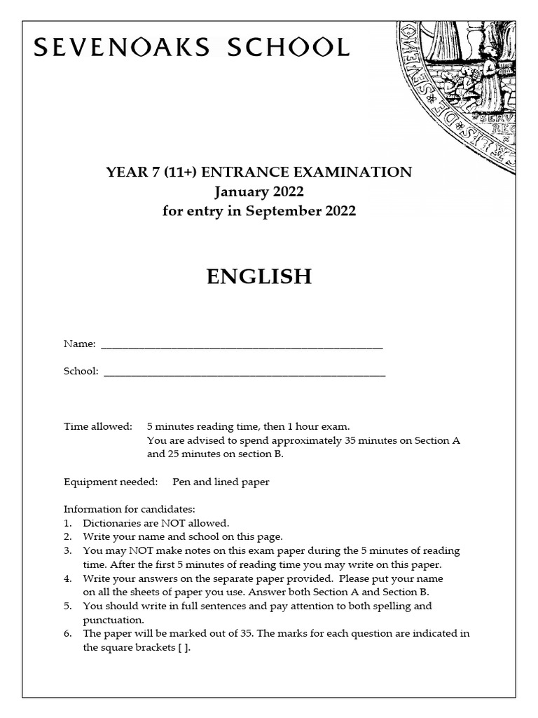 Sevenoaks ENGLISH - Y7 - Entrance - 2022 | PDF