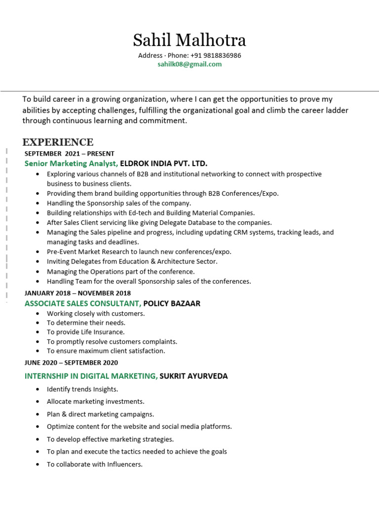 Sahil Malhotra Resume | PDF | Marketing | Sales