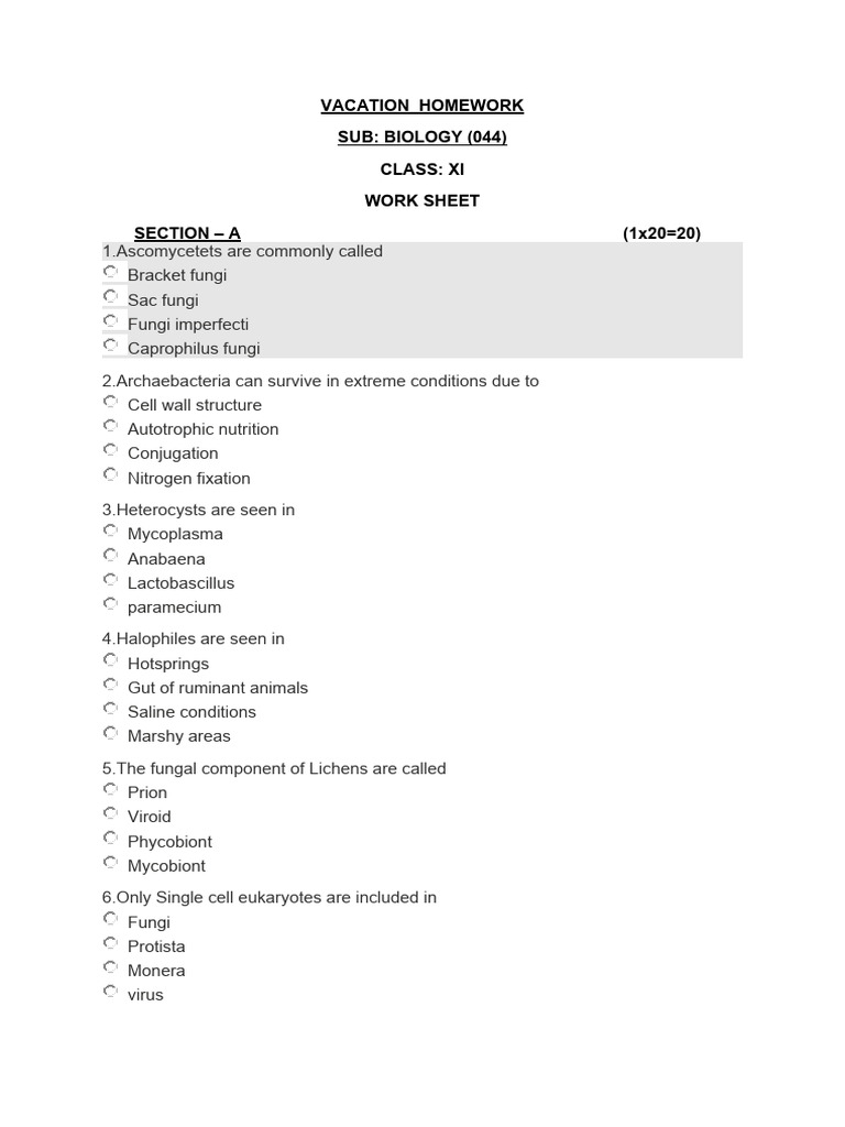 Vacation Homework SUB: BIOLOGY (044) Class: Xi Work Sheet Section - A ...