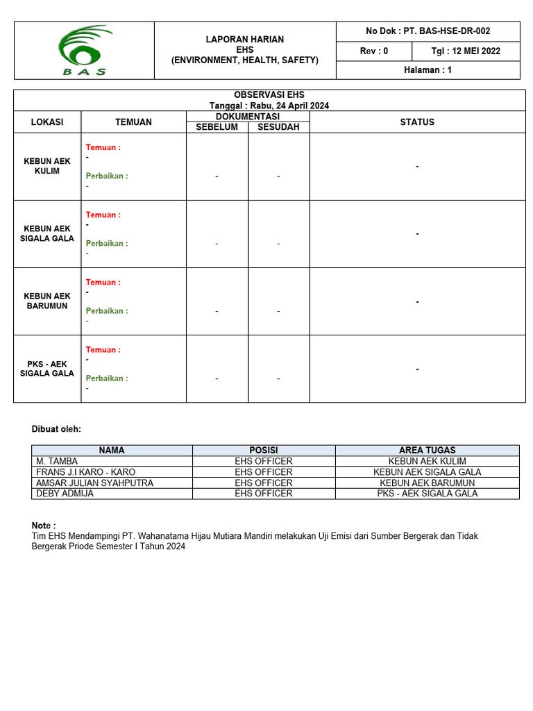 EHS Daily Report PT. BAS | PDF