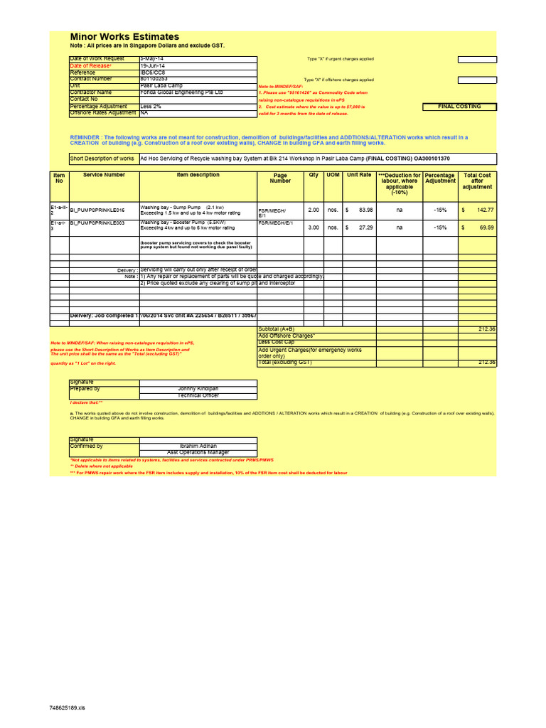 Minor Works Cost Estimates for Servicing | PDF | Economies