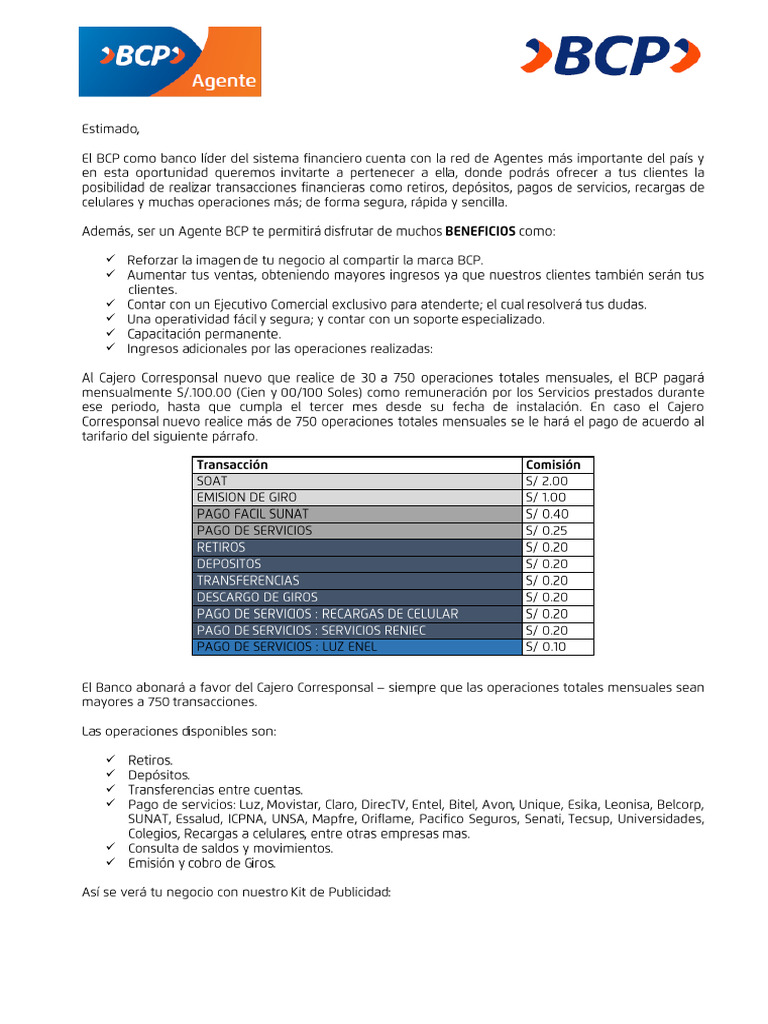 Propuesta y Requisitos Agente BCP | PDF