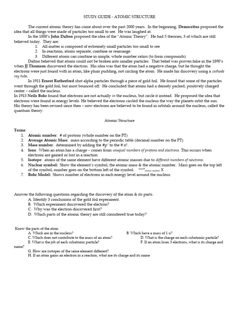 Unit 3 Study Guide Answer Key | PDF | Atoms | Atomic Nucleus