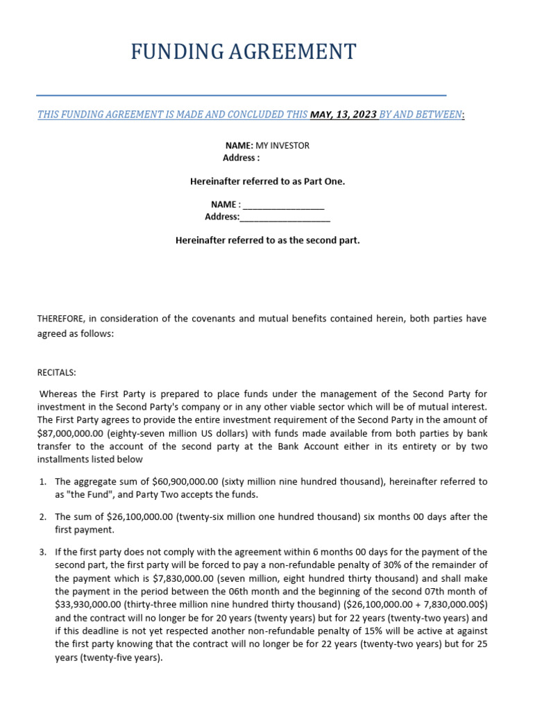 Funding Agreement Contract) ) ) | PDF | Banks | Breach Of Contract