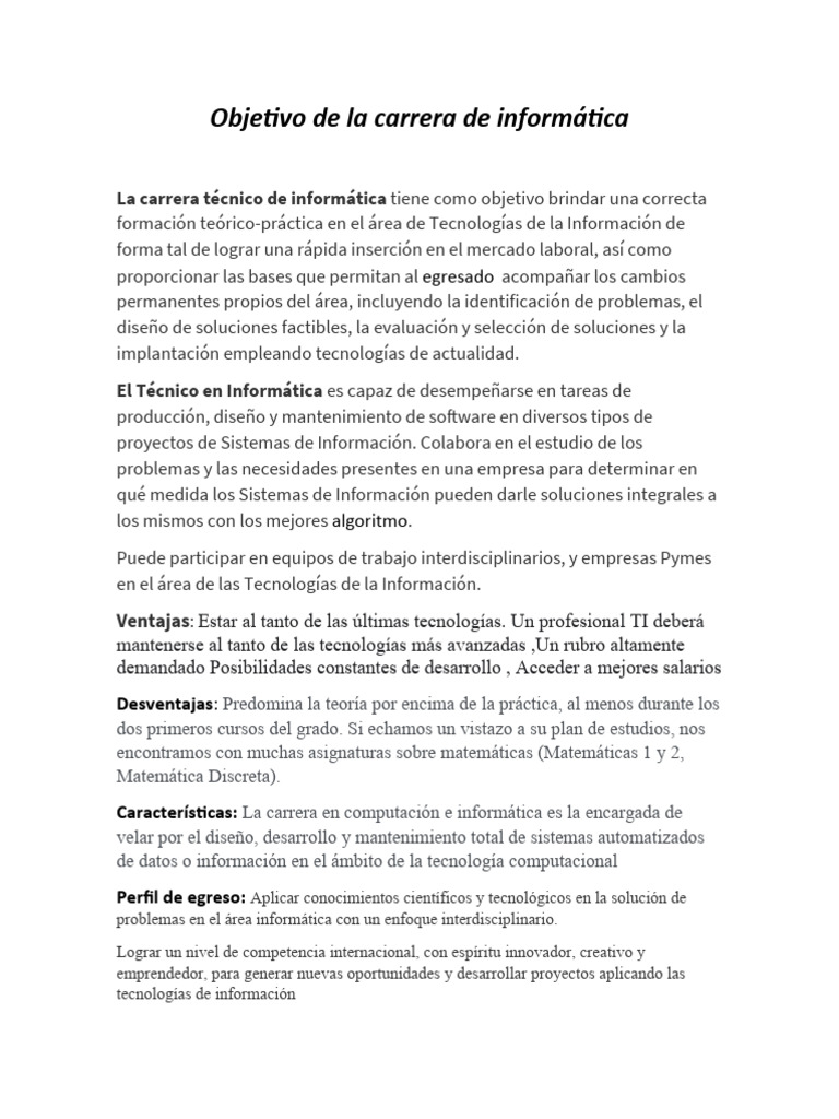 Objetivo de La Carrera de Informática | Descargar gratis PDF | Ciencias de la Computación ...