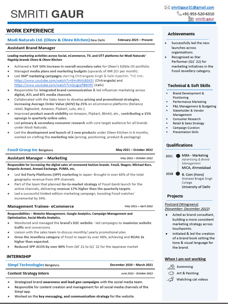 Smriti Gaur - CV | PDF | Brand | Marketing