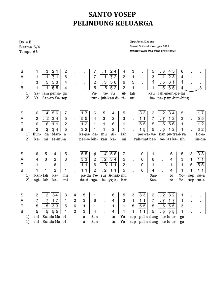 Teks Lagu Satb Santo Yosep Pelindung Keluarga | PDF