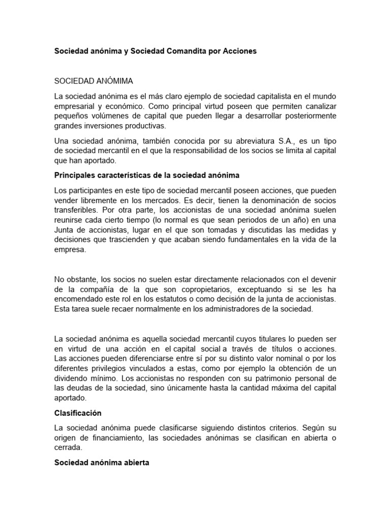Sociedad anónima y Sociedad Comandita por Acciones | PDF | Compartir (Finanzas) | Sociedad de ...