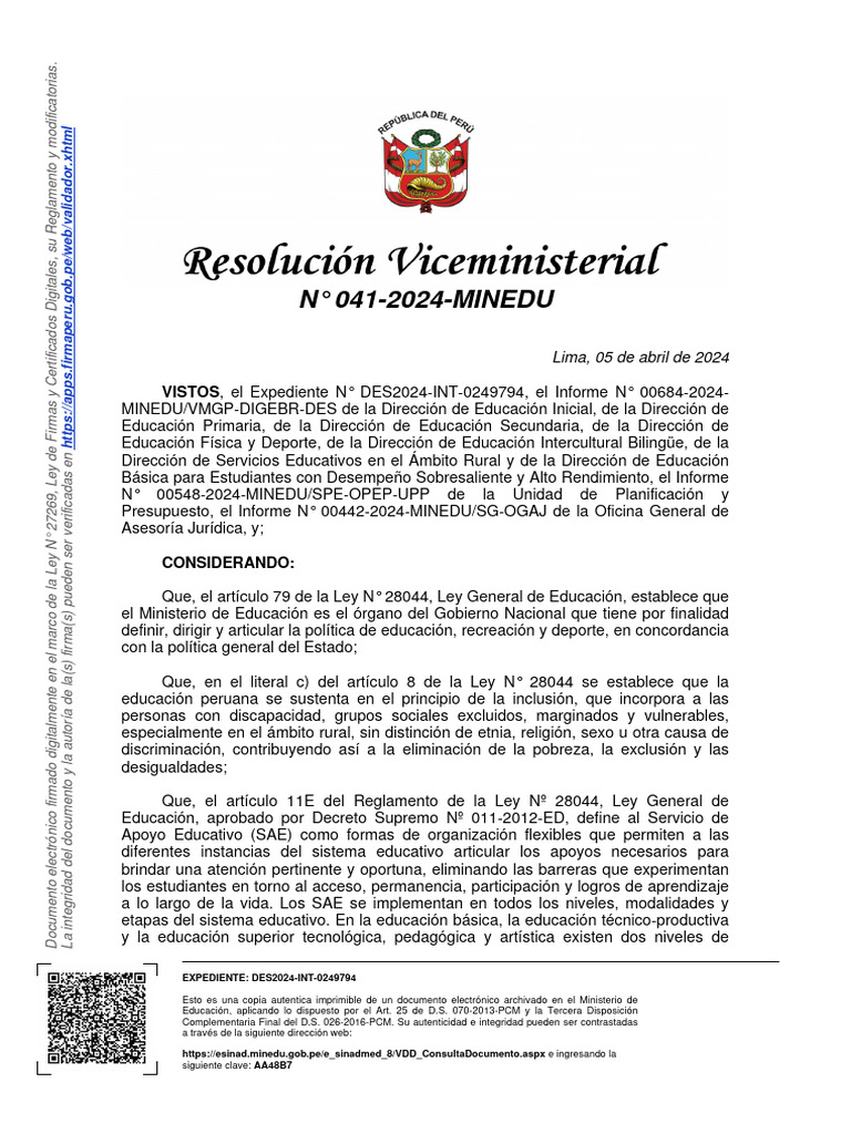 R.V.M. N°041-2024-MINEDU - Norma SAE | PDF | Educación de la primera infancia | Educación primaria