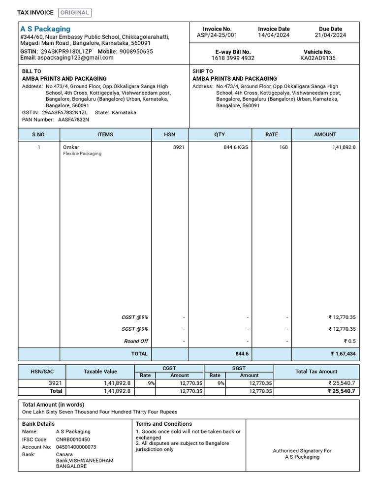 Packaging Invoice for Amba Prints | PDF | Bangalore | Public Finance