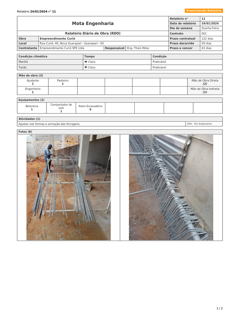 RELATORIO DIARIO DE OBRA (RDO) N 11 24-01-2024 | PDF