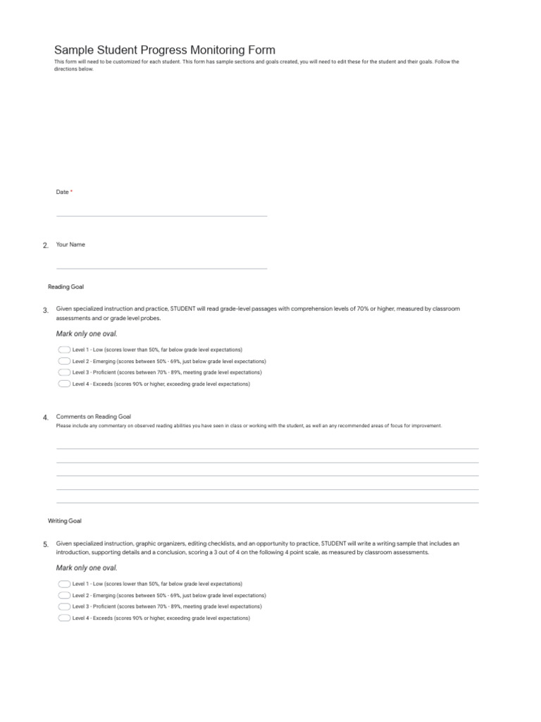 Student Progress Monitoring Blank | PDF | Reading Comprehension | Behavior Modification