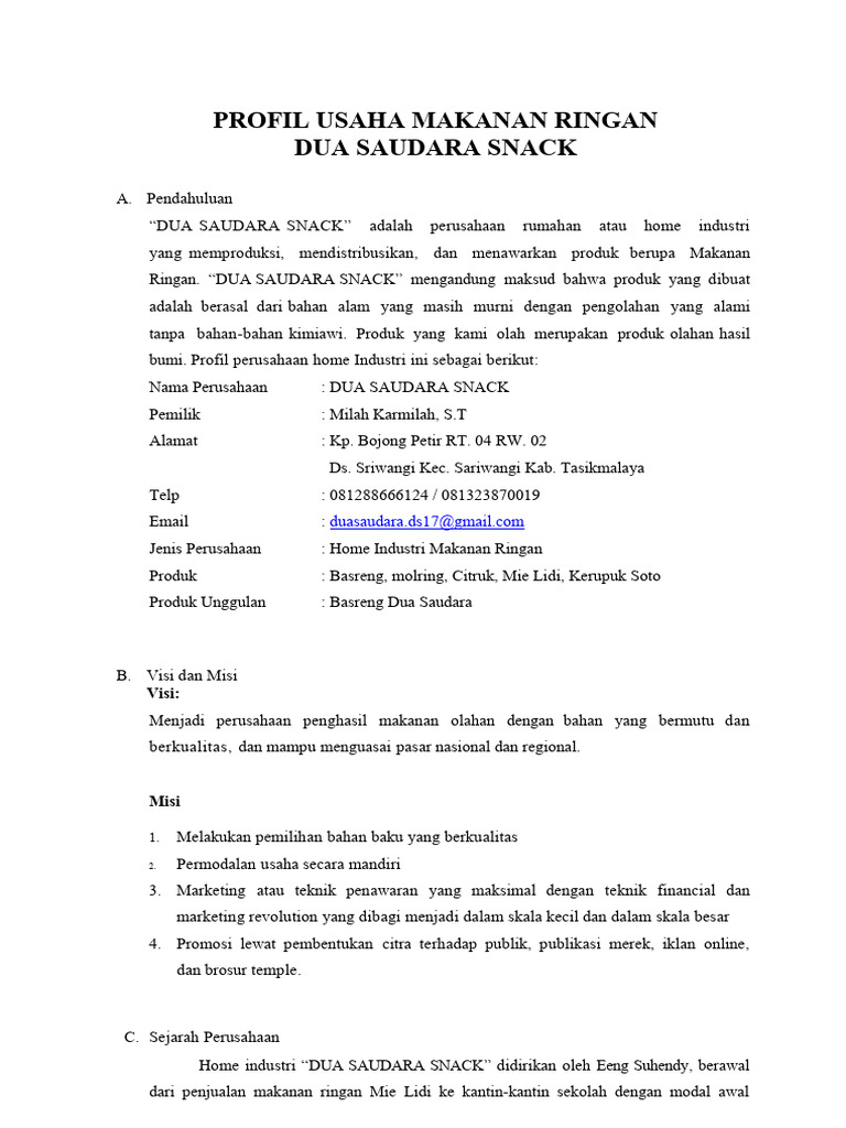 Profil Usaha Dua Saudara Snack | PDF