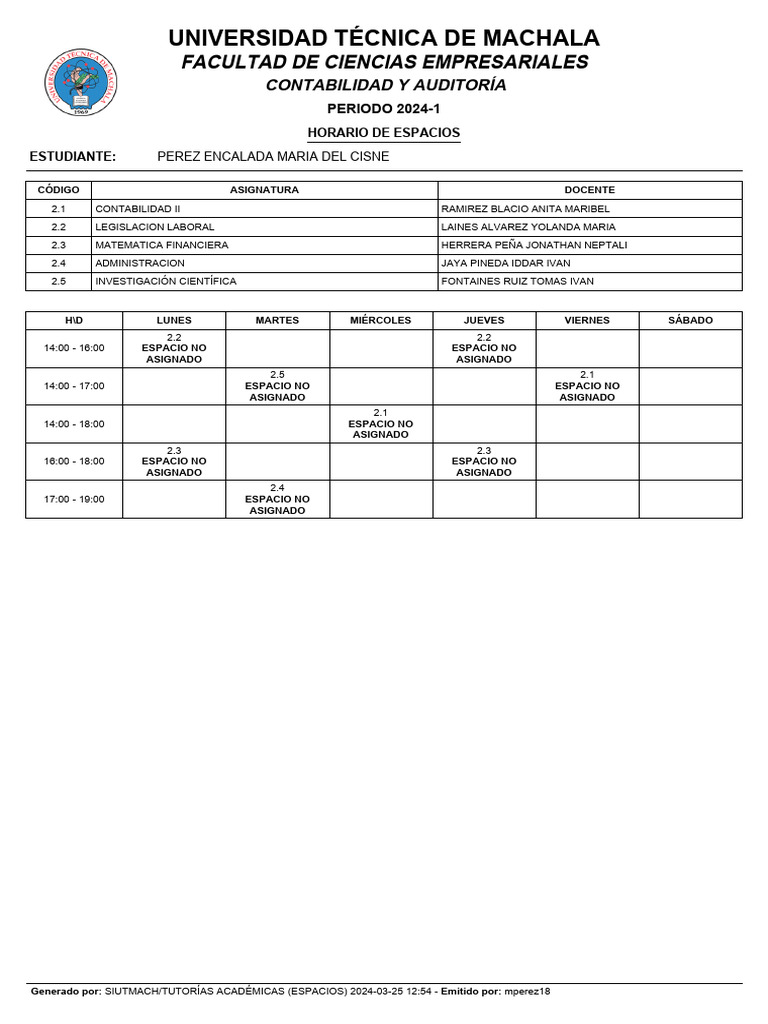 Horario de Clases 2024-1 SGA UTMACH | PDF