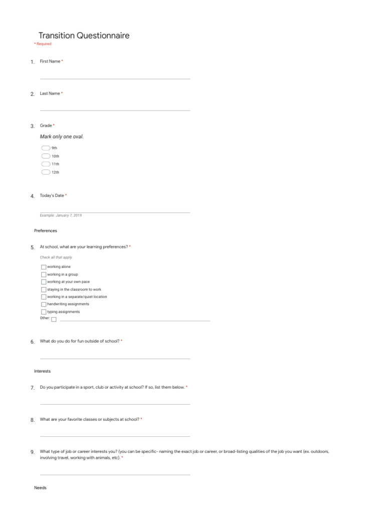 Transition Questionnaire | PDF | Learning | Cognition