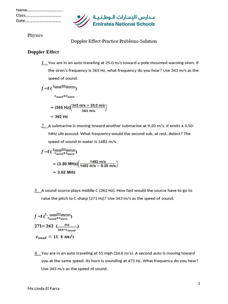 Doppler Effect Practice Problems Solutions | PDF | Science & Mathematics