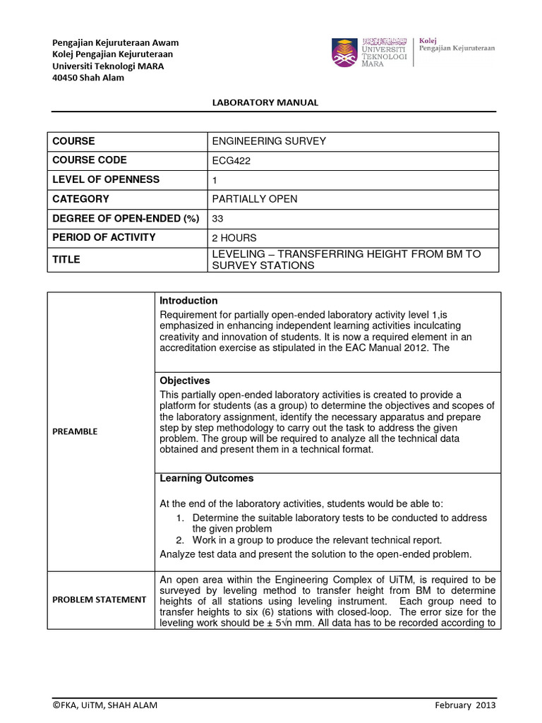 Project 3 - Lab Manual - LEVEL 1 - Leveling | PDF