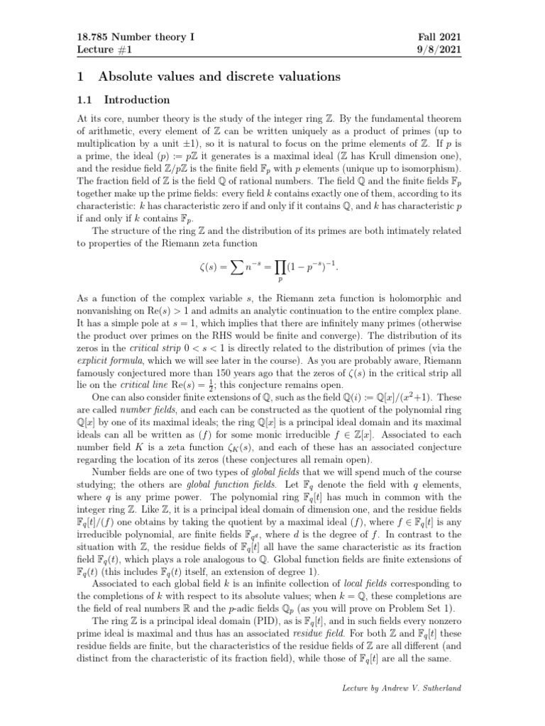 Mit18 785f21 Lec1 | PDF | Ring (Mathematics) | Field (Mathematics)