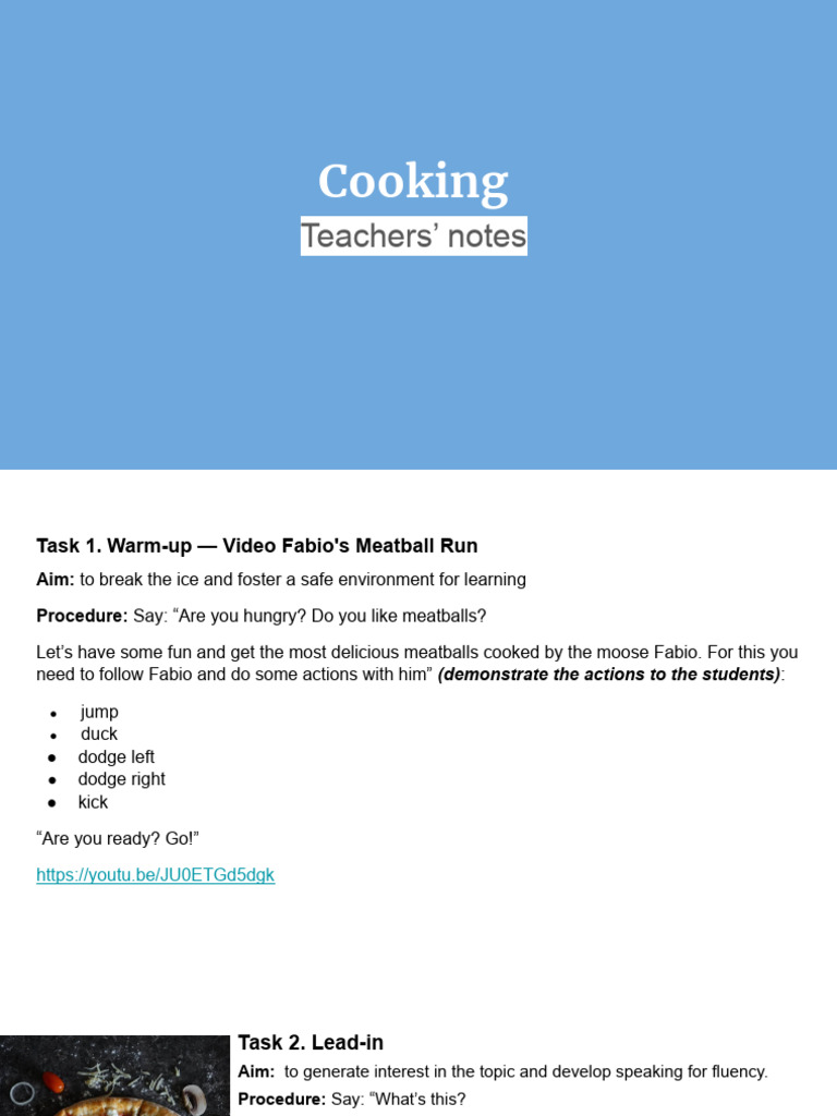 Cooking Teachers Notes 1 | PDF | Pizza | Learning