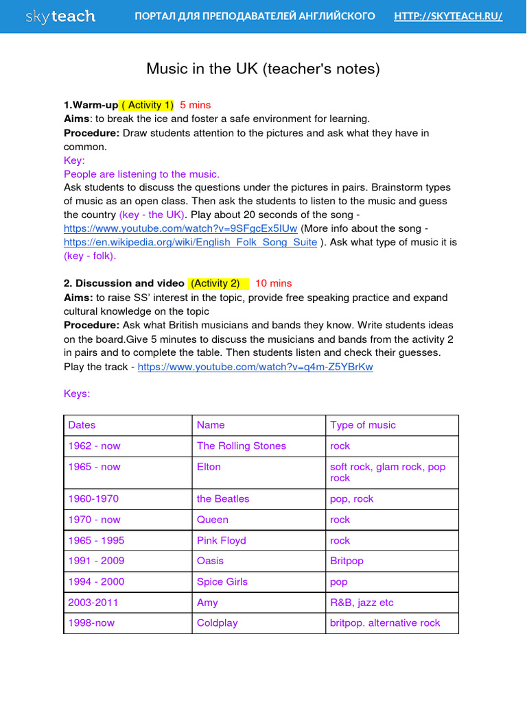 UK Music Lesson Plan | PDF | Rock Music | Mick Jagger