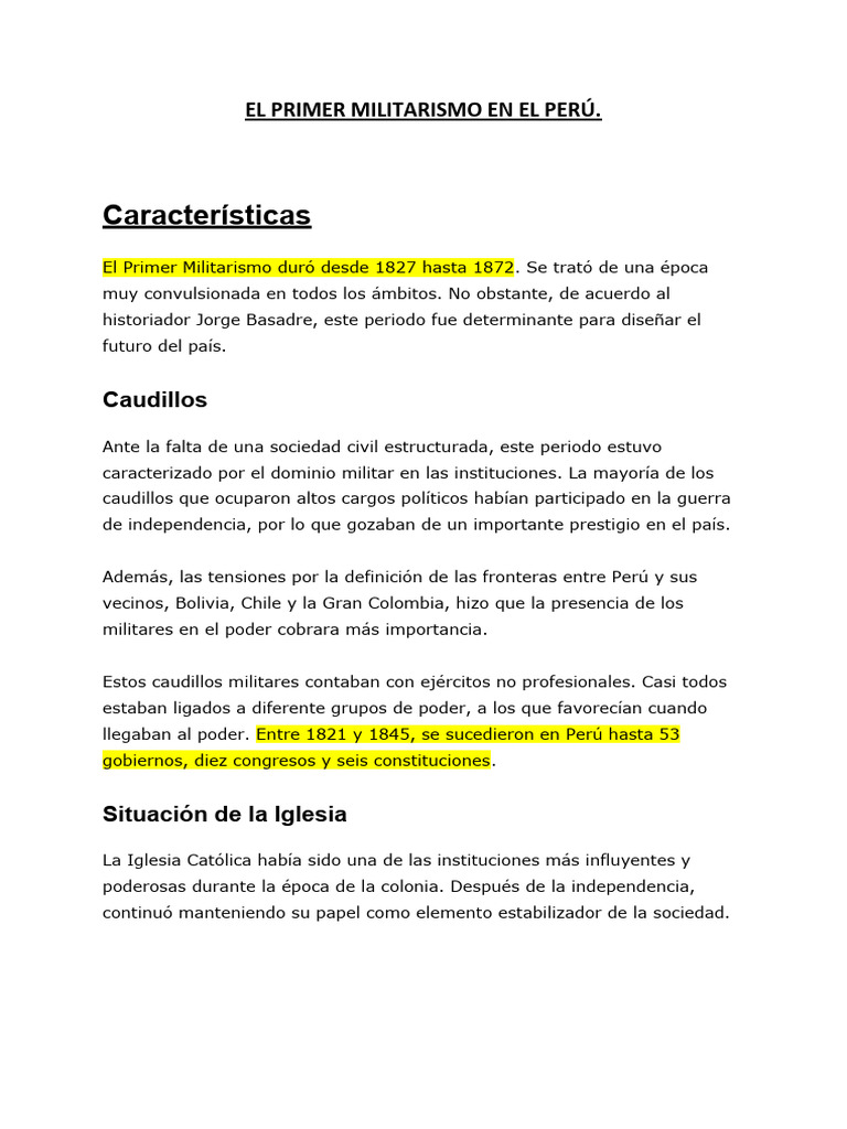 Primer Militarismo en Perú: 1827-1872 | PDF | Perú | América del Sur